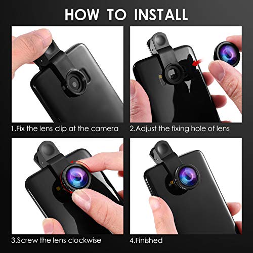 Hemobllo Portable Cell Phone Camera Lens Super Wide Angle Lens Macro Lens Fisheye Lens Clip on 3 in 1 Mobile Phone Lens Compatible for iPhone 6S/7/8/X (Black)