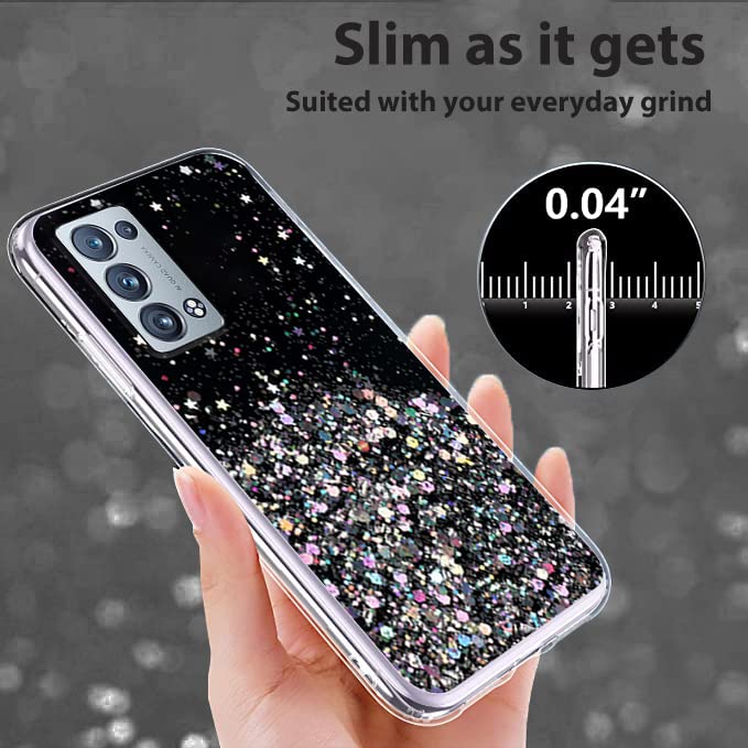 for Oppo Reno 6 Pro 5G Case Silicone,Clear Oppo Reno 6 Pro 5G (Snapdragon) Phone Case Speck, Ultra Slim 0.3mm Soft Shockproof Protective Glitter Cute Phone Cover for Women Green (Black)