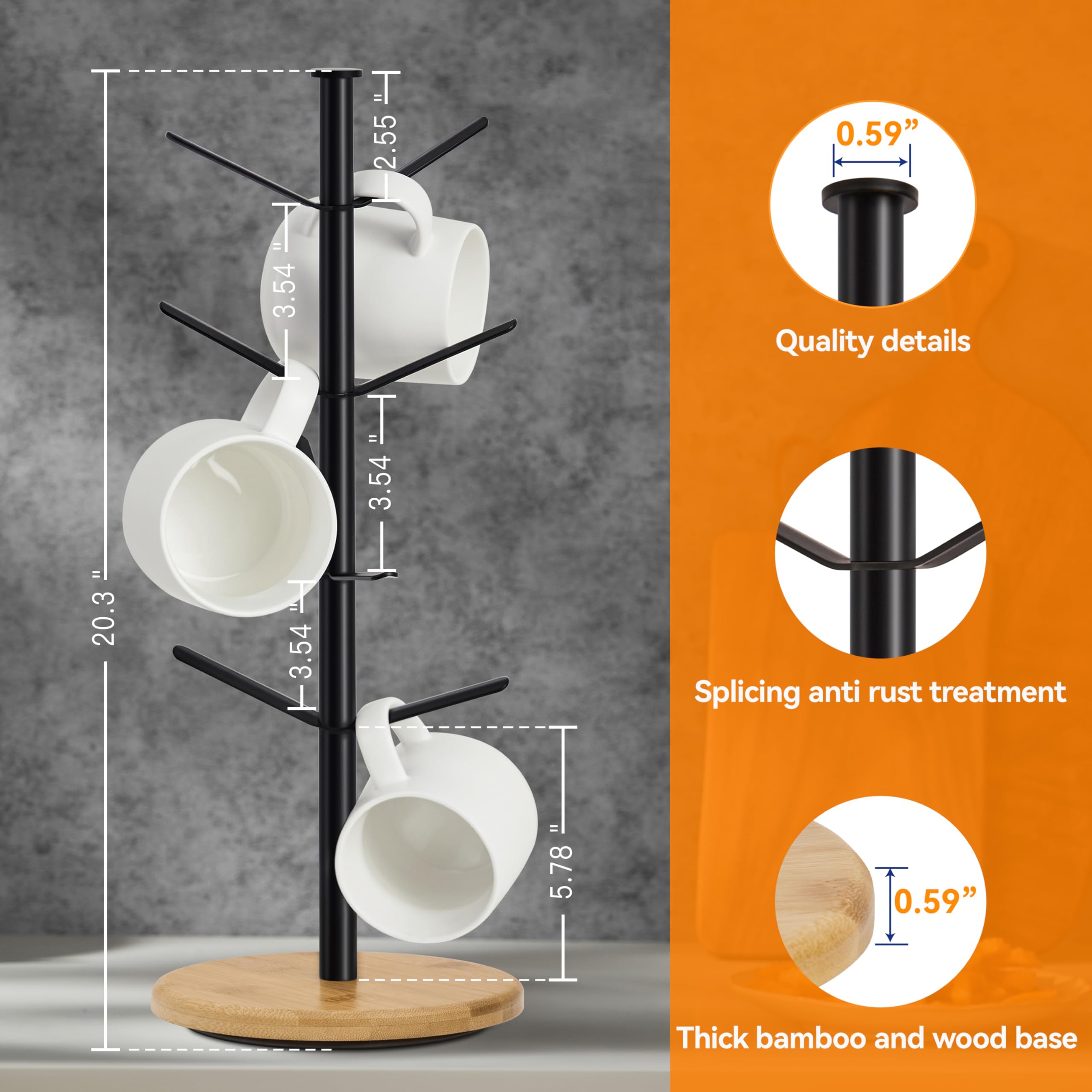 Coffee Mug Holder Tree, Upgraded 360° Rotated 8 Hooks Coffee Cup Holder for Counter，Coffee Mug Organizer Station, Mug Stand Coffee Bar Accessories (Black)