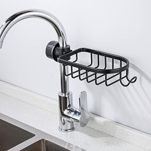 DBlosp Sponge Holder Faucet Kitchen Sink Organizer,Sink Sponge Holder,Aluminium Detachable Storage Rack for Kitchen Sinks and Bathroom Organization(Black)