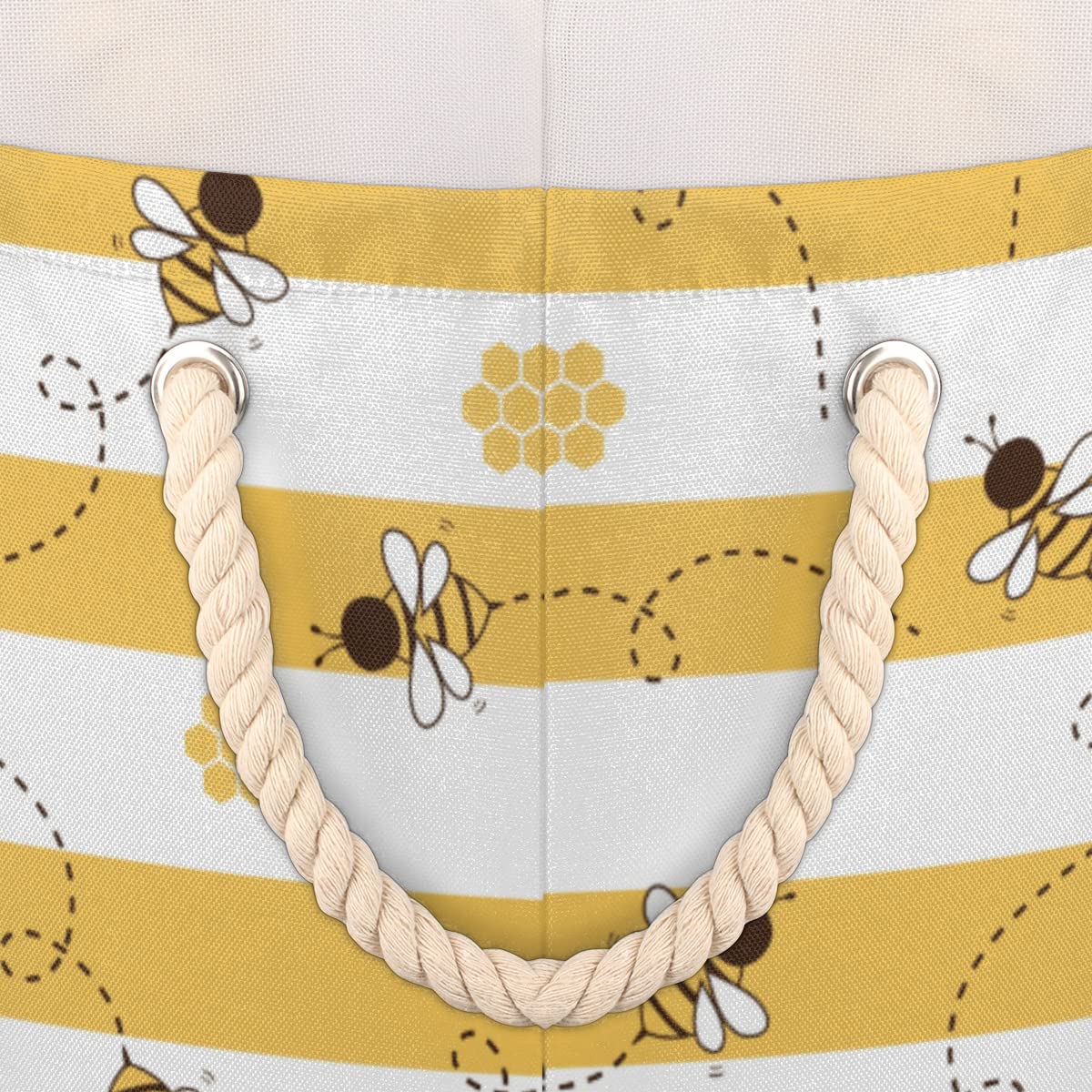 Bee Large Round Storage Bin Basket, Honeycomb Stripe Bee Decor Foldable Clothes Bag Folding Washing Bin Collapsible Fabric Laundry Hamper with Handle for Toys Stuffed Blanket Closet Bedroom Nursery