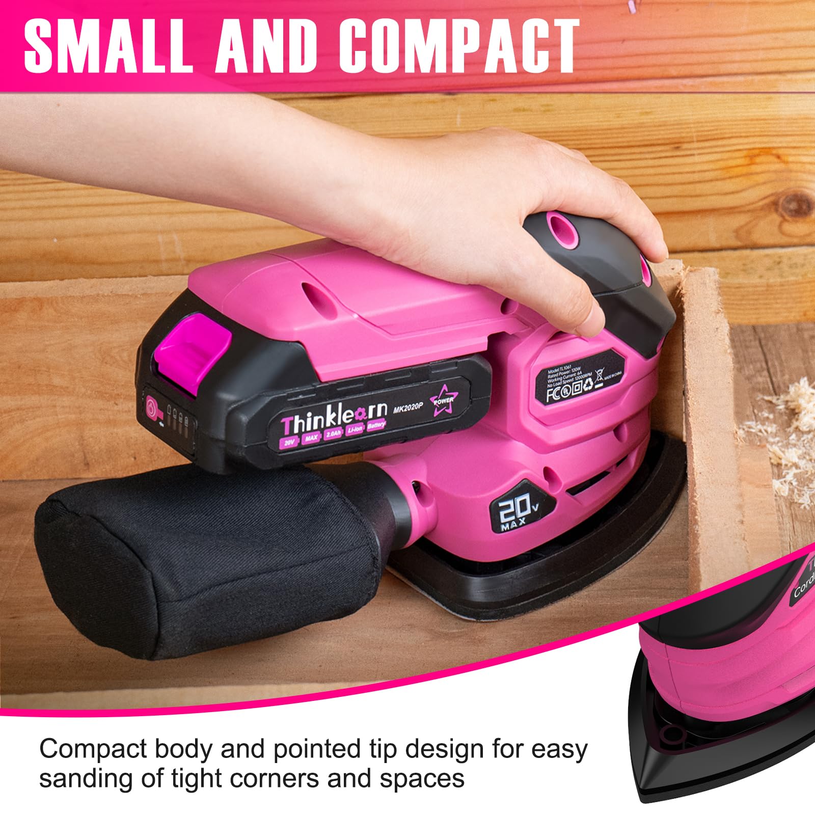 Cordless Detail Sander - 20V Electric Hand Sander with 22Pcs Sandpapers, 12000 RPM Mouse Sander with Dust Bag, Compact Palm Sander Tool for Tight Spaces Woodworking, 2.0Ah Battery and Charger Included