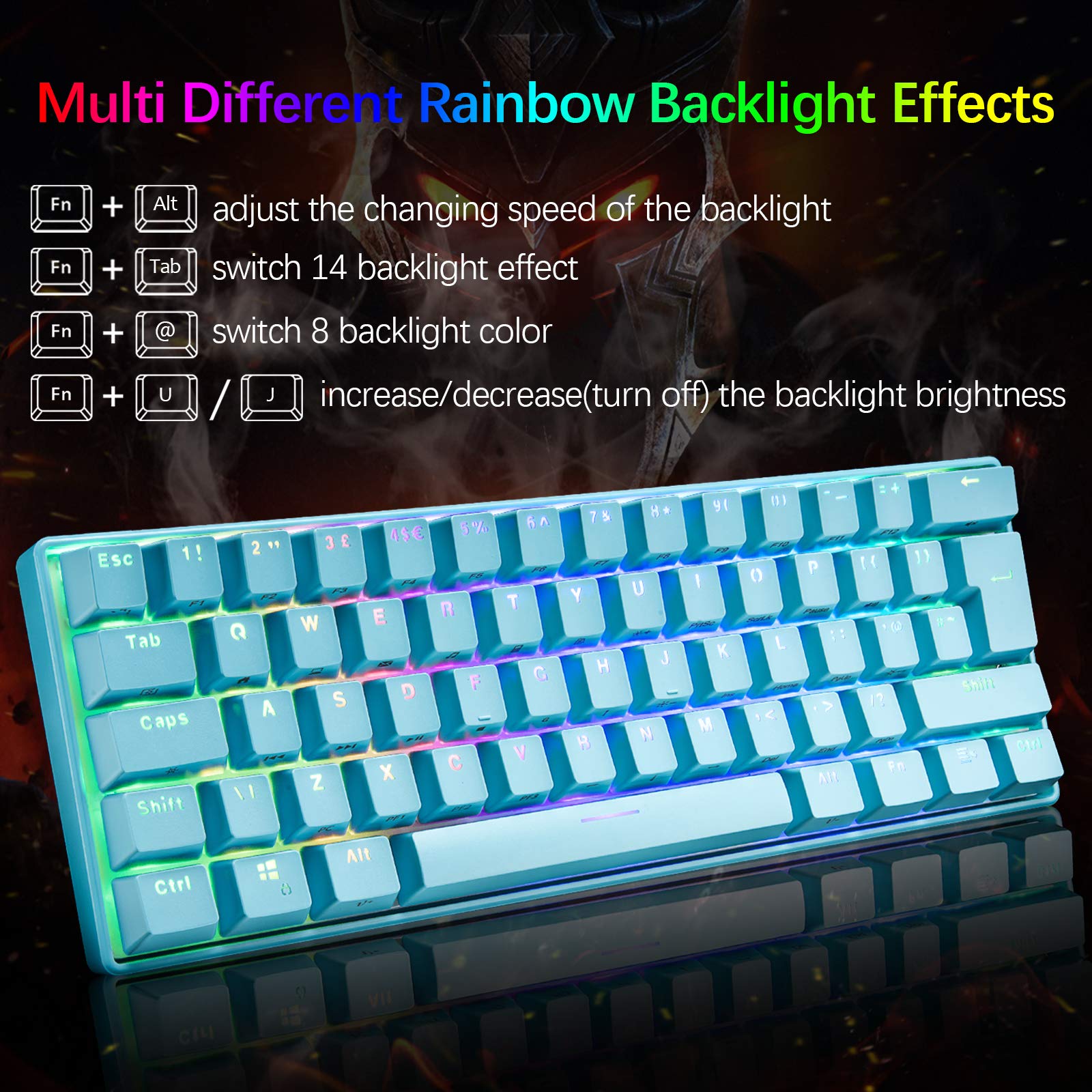 Mechanical Gaming Keyboard and Lightweight Honeycomb Mouse Combo with Rainbow RGB Backlit Full Anti-ghosting 61 Key Ergonomic Programmable Mice Wired USB for Laptop PC Gamer Typist(Blue/Blue Switch)