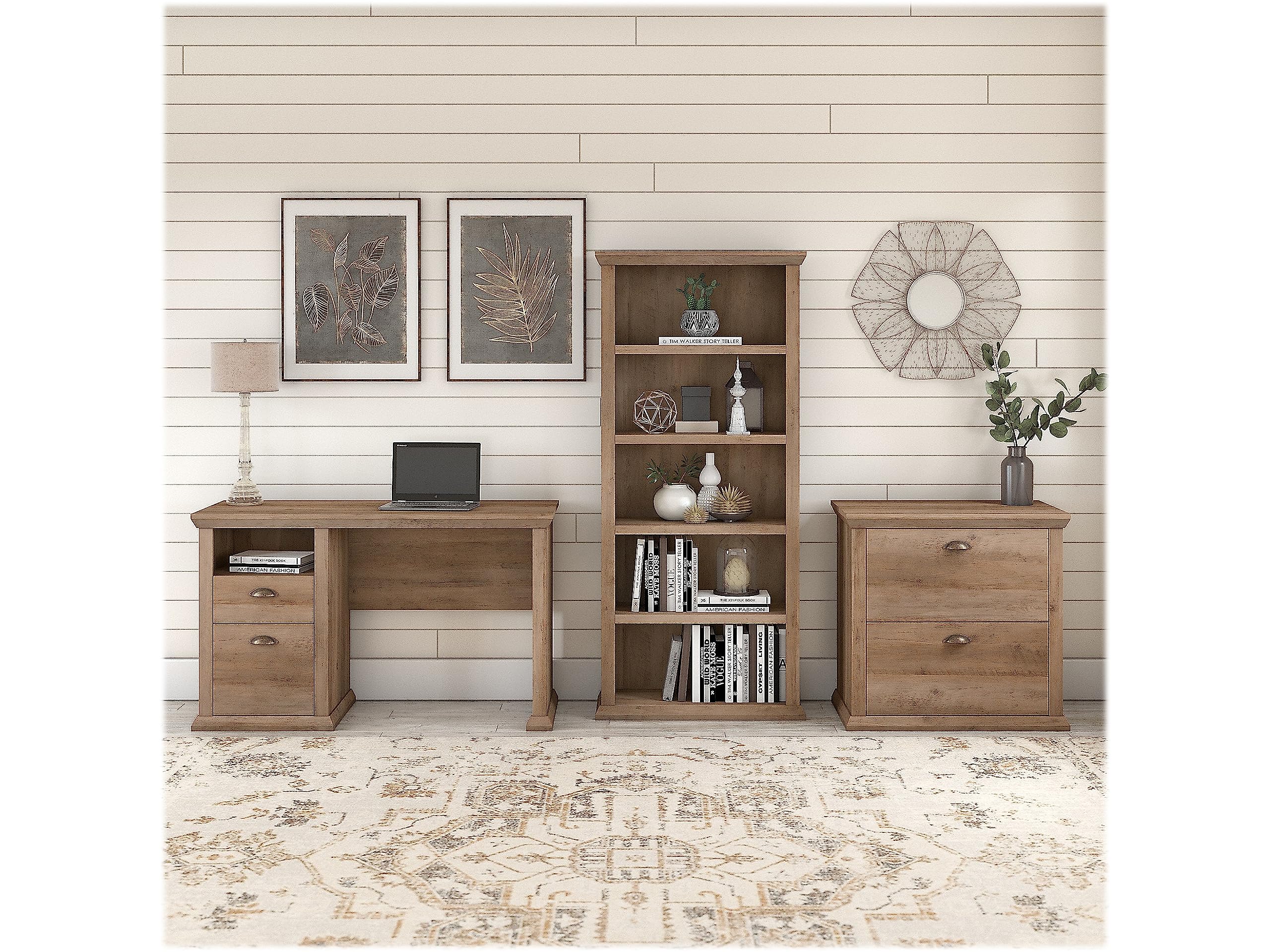 Bush Furniture Yorktown Home Office Desk with Lateral File Cabinet and 5 Shelf Bookcase, 50W, Reclaimed Pine