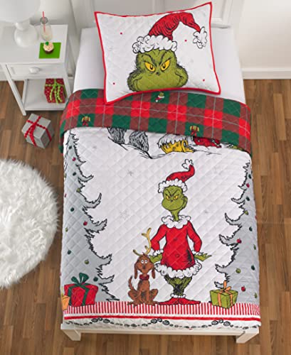 Franco Grinch by Dr. Seuss Holiday Bedding Super Soft Pillow Sham and Quilt Set, Full/Queen Size 76" x 86", (Official Dr. Seuss Product)