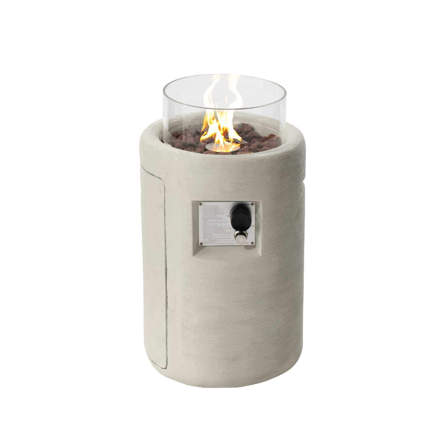 COSIEST Outdoor Propane Fire Pit Table w Compact Ledgestone 16-inch Round Graphite Base and Glass Wind Guard, 40,000 BTU, Free Lava Rocks, Touch-up Pen, Fits 20lb (Creamy White)