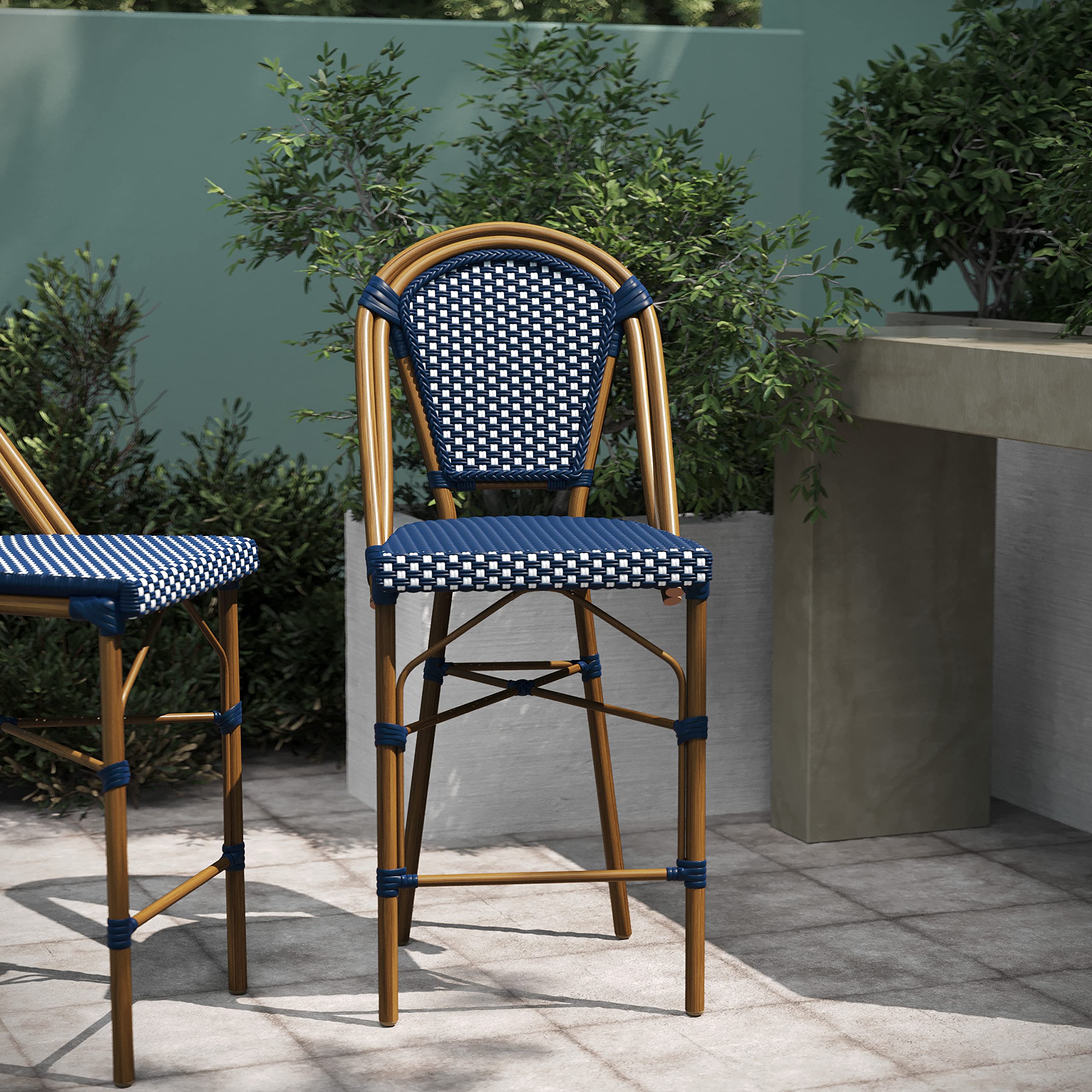 EMMA + OLIVER Soie Bistro Counter Stool - Stacking Indoor/Outdoor PE Rattan Counter Stool with Bamboo Finish Frame - 26" High - Set of Two - Navy/White