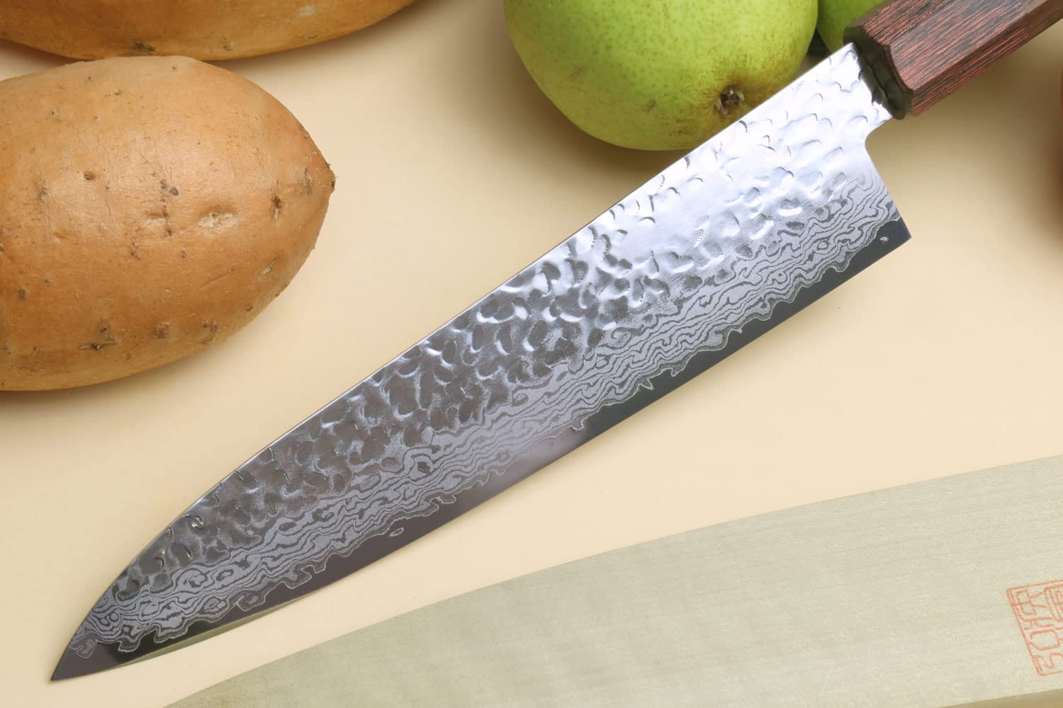 Yoshihiro 46 Layers Hammered Damascus Gyuto Chef Knife and Petty Utility Knife SET (Gyuto 8.25'' (210mm) & Petty 6'' (150mm), Rosewood Handle)
