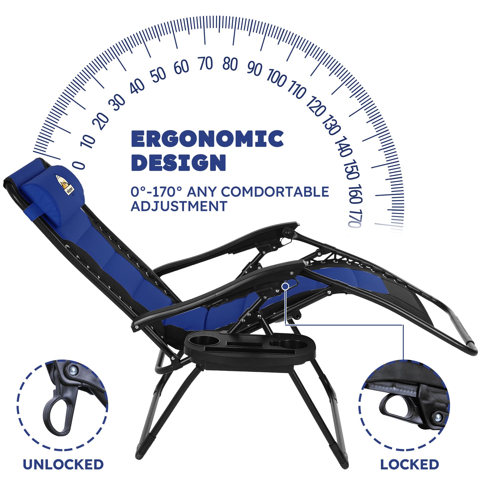 Colegence XL Oversized Zero Gravity Chair, Fully Padded Adjustable Anti Gravity Reclining Lounge Chairs with Cup Holder Folding Recliner for Beach,Camping,Lawn,Patio,Outdoor, Support 300 LBS(Blue)