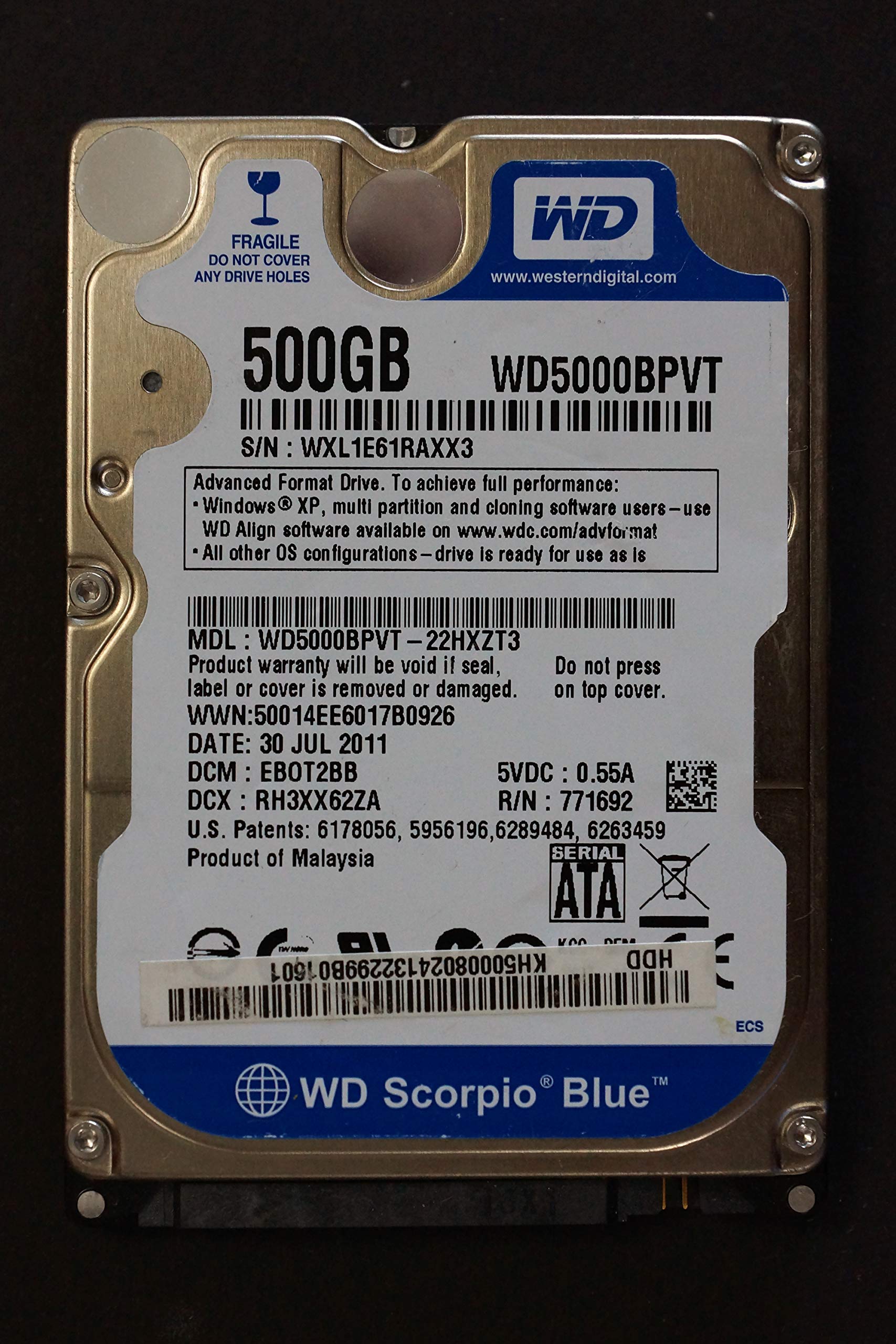 WD5000BPVT, DELL SCORPIO BLUE 500GB 5400 RPM 2.5" SATA HARD DRIVE