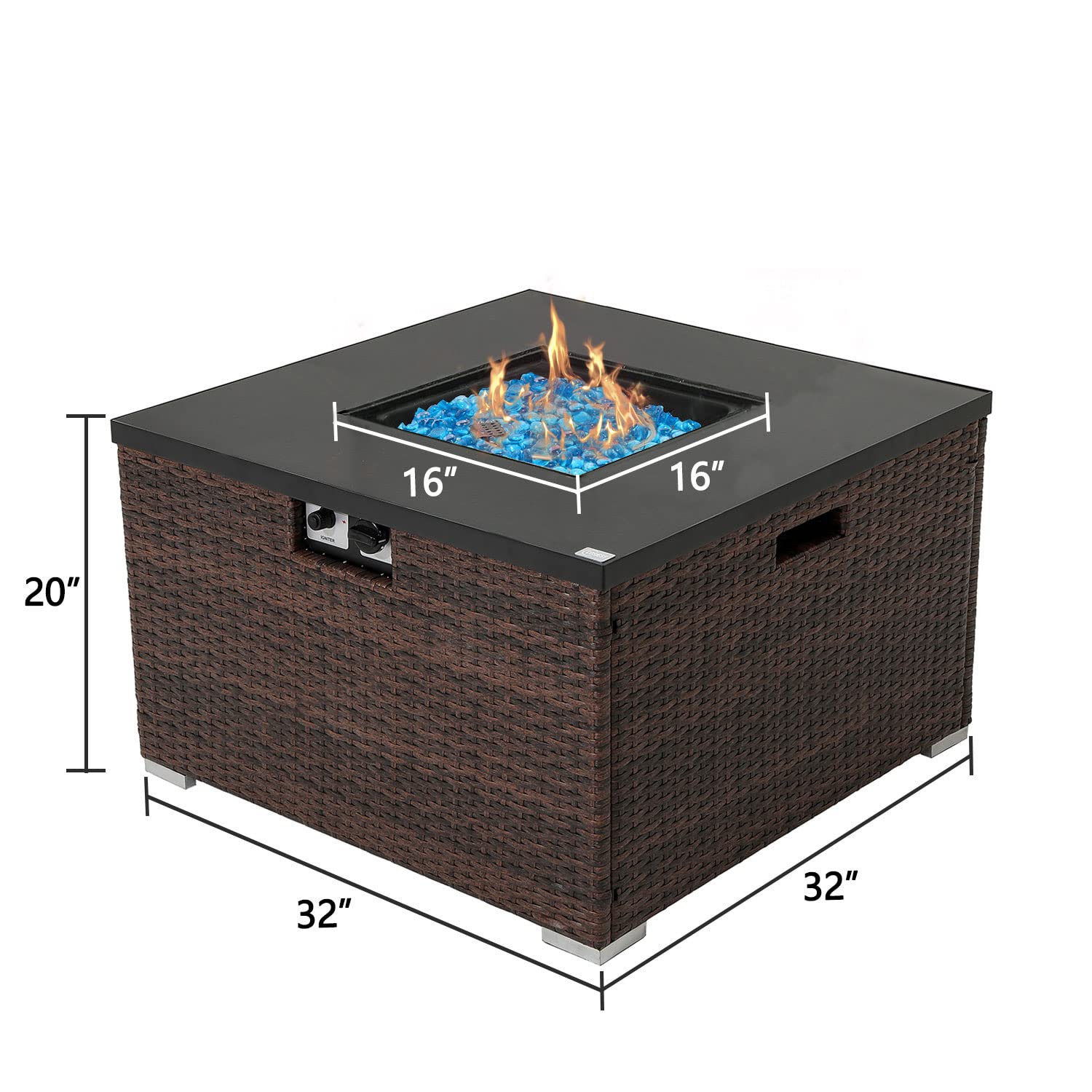 COSIEST Outdoor Propane Fire Pit 32-inch Square Espresso Brown Wicker Fire Table, 40,000 BTU Stainless Steel Burner, Fits 20lb Tank Outside, Aqua Blue Fire Glass and Cover