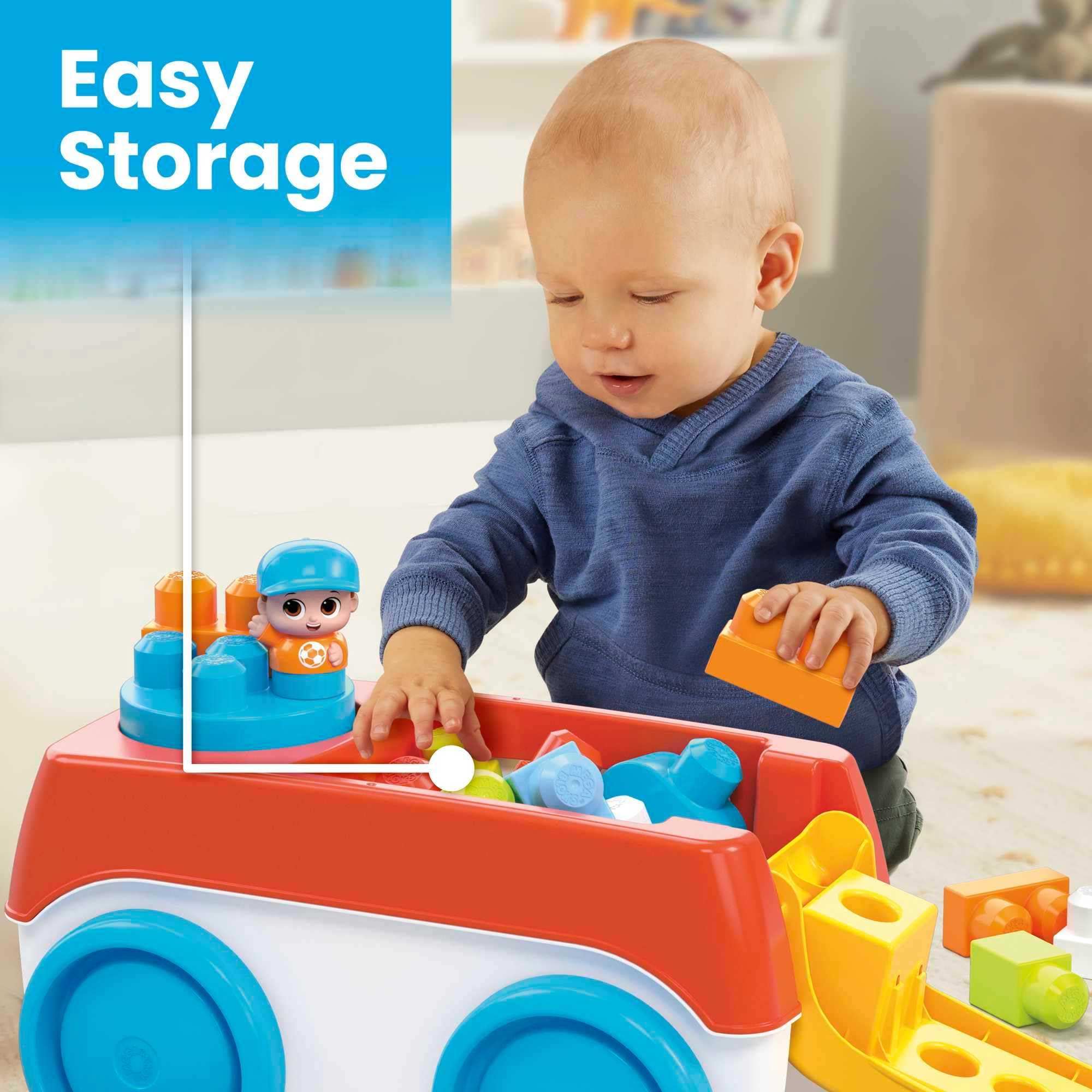 Mega BLOKS First Builders Toddler Building Toy Set, Block Spinning Wagon with 20 Pieces and Storage, 1 Figure, Ages 1+ Years