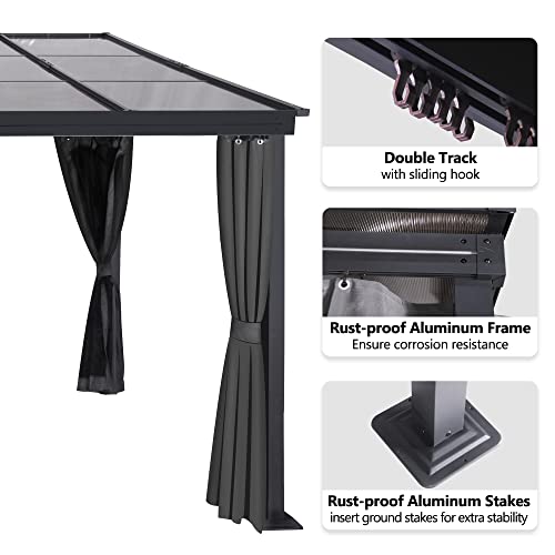 GARTOO 10' x 13' Outdoor Wall-Mounted Hardtop Gazebo, Aluminum Frame Pergola Sunroom with Sloping Polycarbonate Roof & Double Curtains for Garden, Lawn, Party, Deck