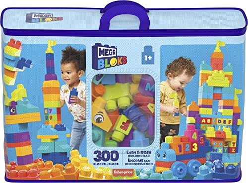 Mega BLOKS First Builders Toddler Blocks Toys Set, Even Bigger Building Bag with 300 Pieces and Storage, Blue, Ages 1+ Years