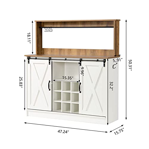 Farmhouse Coffee Wine Bar Cabinet with 6 Hooks, Sliding Barn Door, 47ββ Sideboard Buffet Cabinet with Adjustable Shelf for Kitchen, Dining Living Room, White