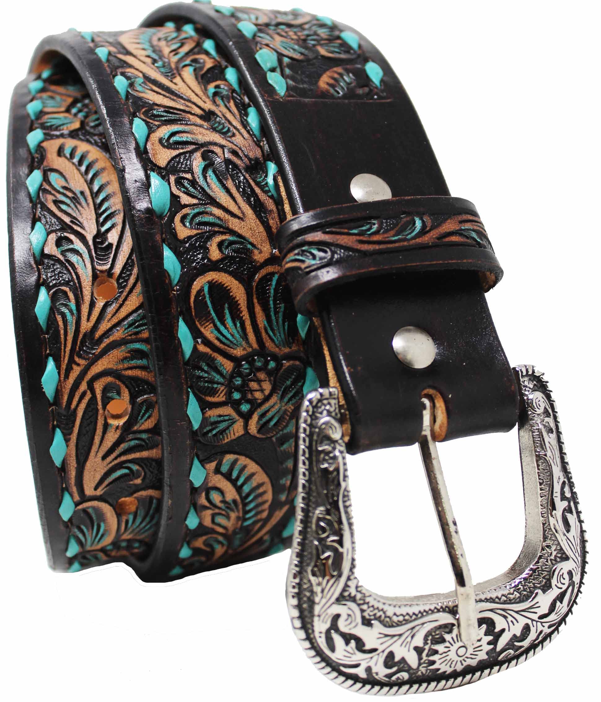 CHALLENGER 41-42 Men's 1-1/2" Wide Tan Leather Floral Tooled Casual Jean Belt 26FK11A
