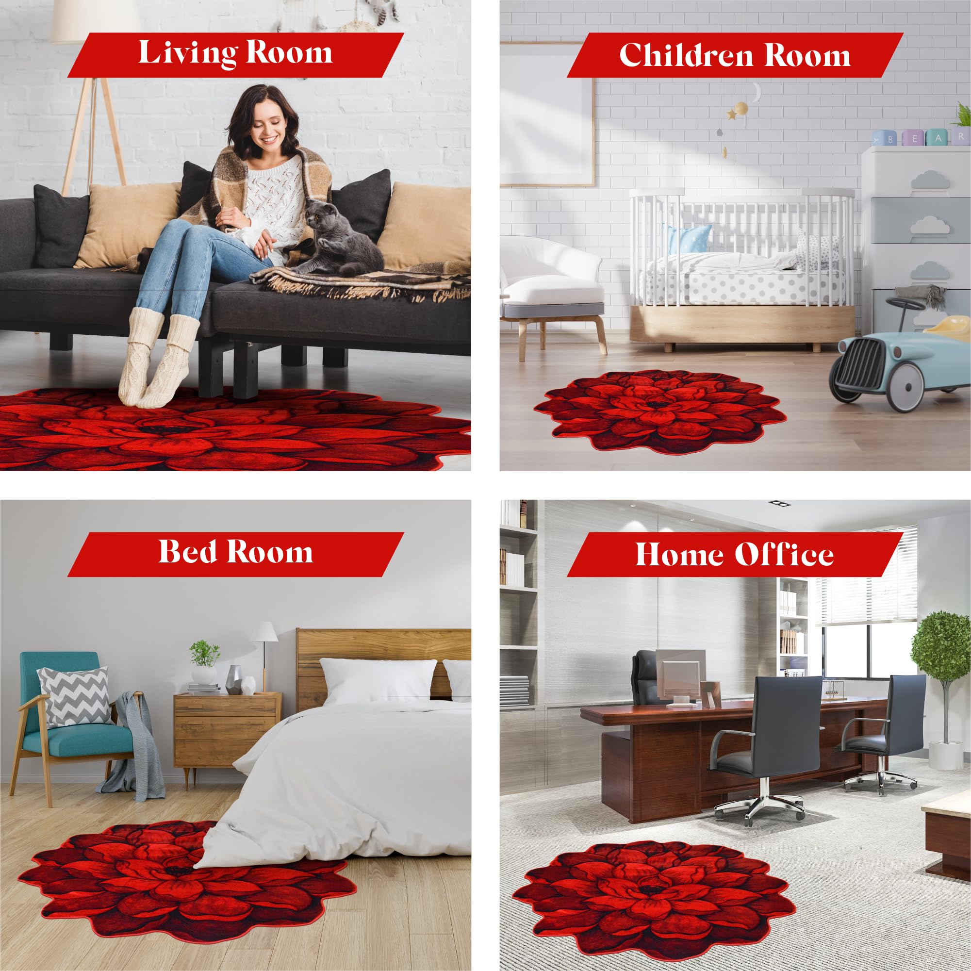 Flower Rug 2ft Round Area Rugs Cute Plush Flower Shaped Rug Circle Girly for Bedroom Floor Living Room Carpet 301 Red