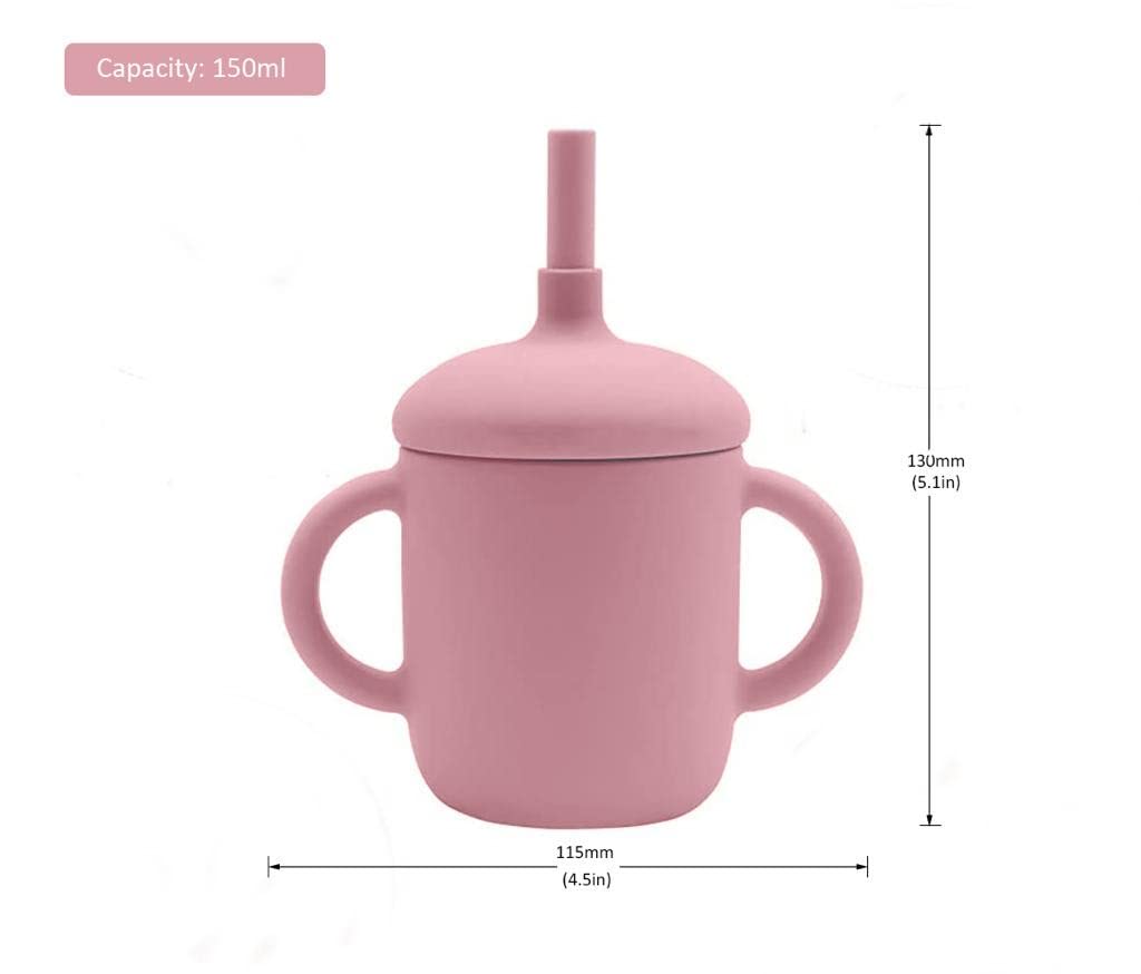 BPA Free Silicone Cups Set of Two - Food Catcher - Sippy Cup - Non Toxic Material - Silicone Straw - Foldable Snack Cup -for Babies and Toddlers - by MONKA (pink)