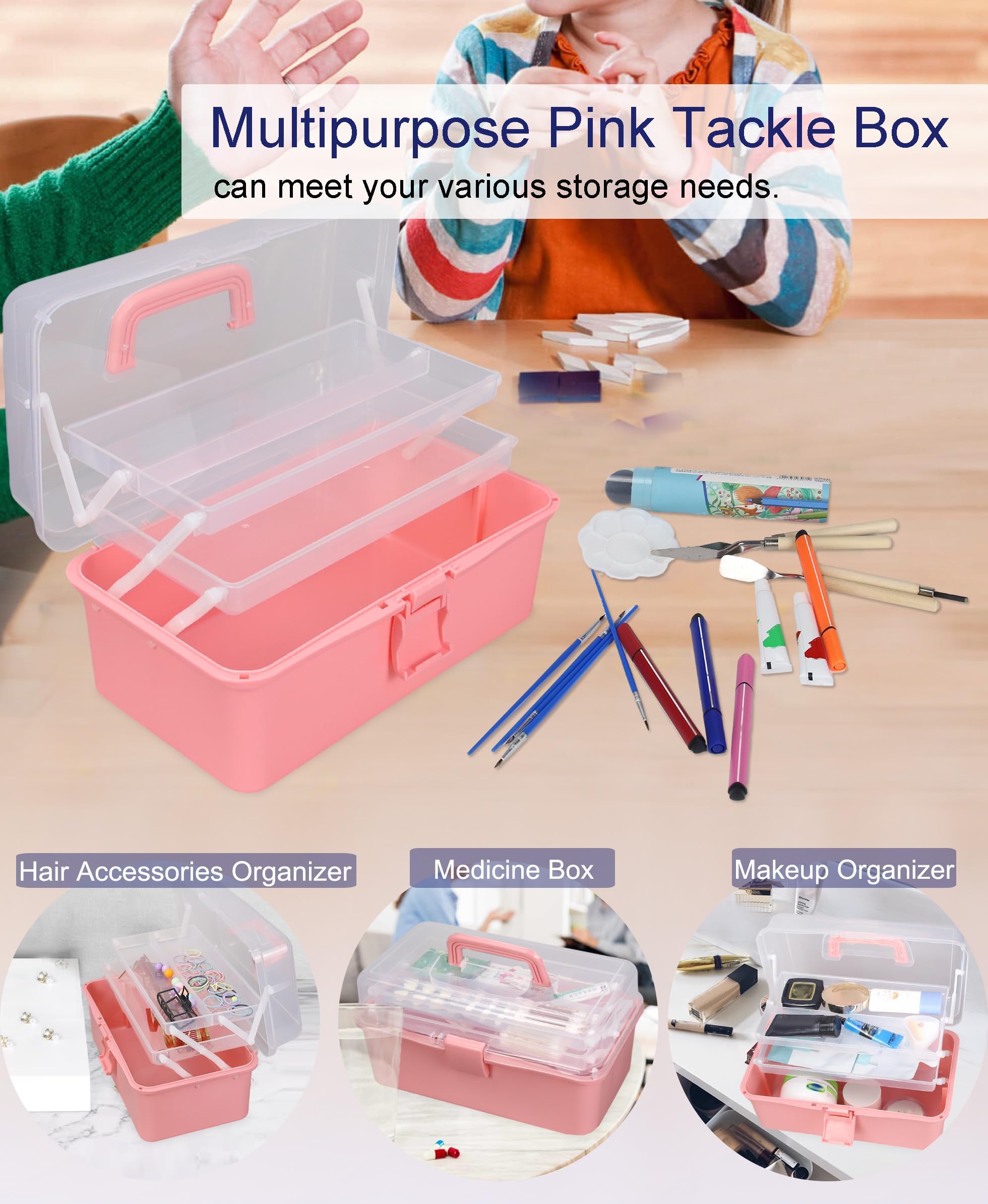 Eujqo Tackle Box Organizer Pink Craft Storage Organizers 3-layer Craft Box Medicine Box Sewing Box Hair Accessories Organizer for Girls Jewelry Box Makeup Organizer Small Plastic Tool Box with Handle