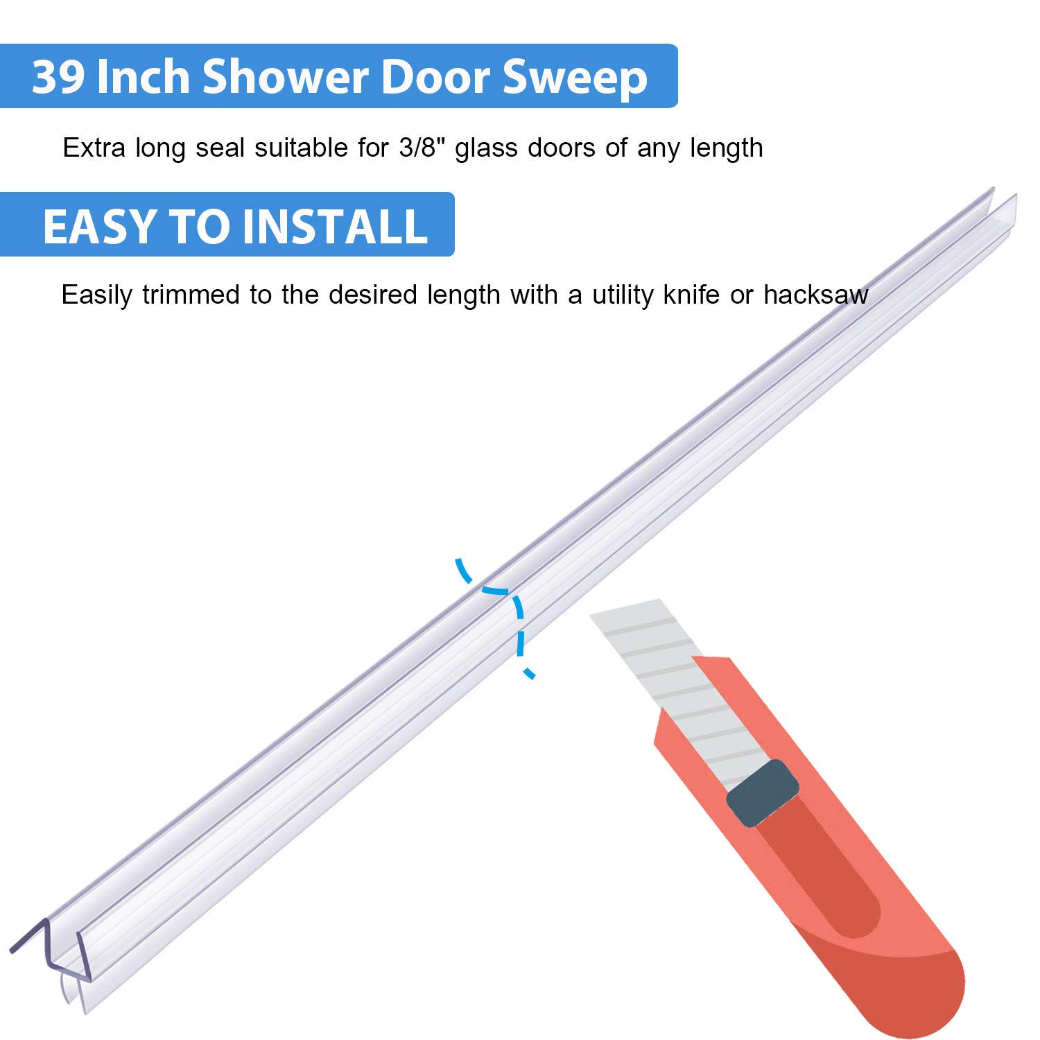Butecare Premium Frameless Shower Door Bottom Seal Strip - Glass Door Side Seal Sweep (3/8β x 39β, Clear Vinyl)