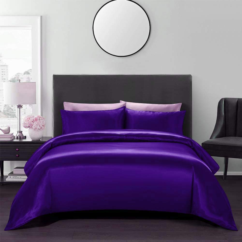 Opulence Bedding Silk Satin Duvet Cover Set Plum California King 3 Piece (Duvet Cover + 2 Pillowcases) Comforter Cover California King Size Zipper Closure