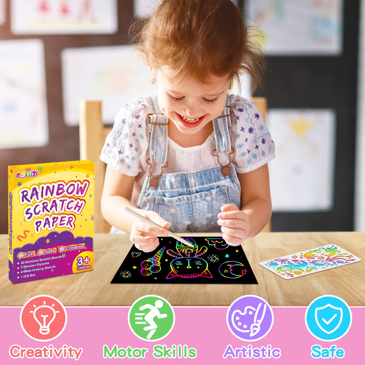 pigipigi Scratch Paper Art for Kids - 60 Pcs Rainbow Magic Scratch Off Art Crafts Set Supply Drawing Note Kit for Girls Boys Toddler Party Favor Activity Game Birthday Christmas Easter Toy Gift