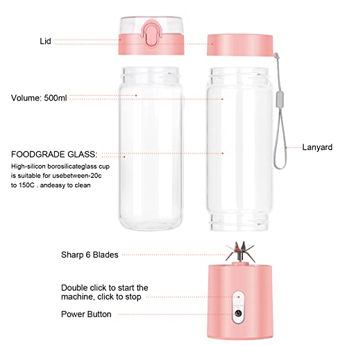 Portable Blender, Blender for Shakes and Smoothies, Personal Blender, battery operated blender, 500ml double cups with Interchangeable Lids with 6 Blades for Kitchen Breakfast ,Traveling, Outdoor, Gym, Office
