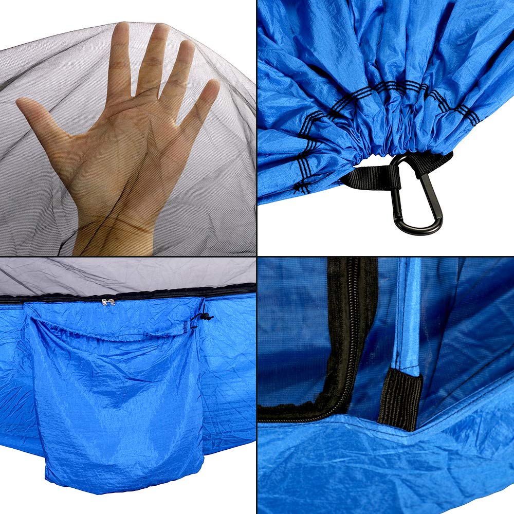 Camping Hammock with Mosquito Bug Netting,Parachute Nylon Hanging Swing Hammock for Backpacking, Survival, Travel & More(Single & Double)- Blue