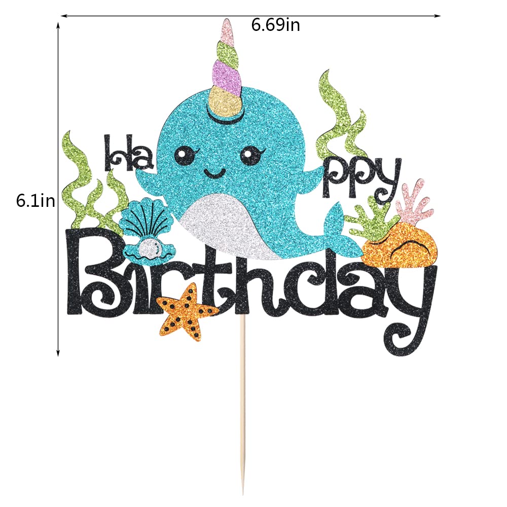 Bekaterea Narwhal Happy Birthday Cake Topper,Narwhal Baby Shower Decorations,Birthday Party Cake Decoration,Ocean Themed Party Cake Decor (blue1)