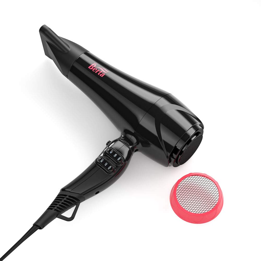 BERTA 1875W Professional Salon Hair Dryer Negative Ionic Blow Dryer, 2 Speed 3 Heat Settings Cool Button with AC Motor, Concentrator Nozzle and Filter, Black