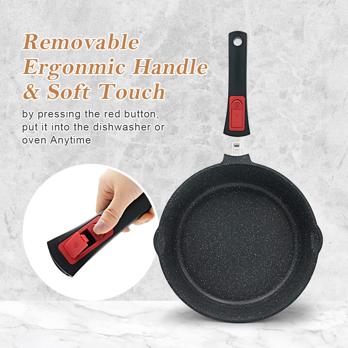 Bobikuke 5 Pcs Nonstick Deep Frying Pan Set with Removable Handle, 8/9.5/11 inch Non stick Skillets Set Coating Cookware with Universal Lid Compatible with All Stovetops, Oven& Dishwasher Safe