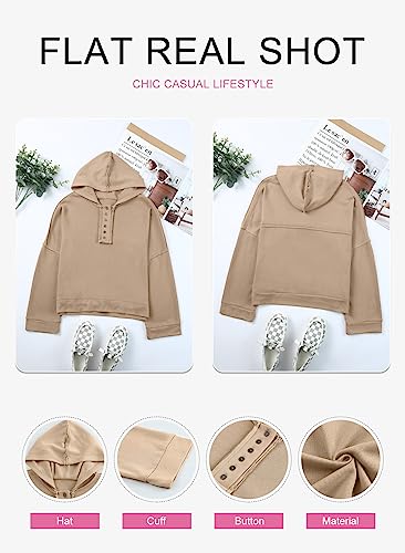 Dokotoo Casual Loose Long Sleeve Hoodies for Women Fashion Solid Button Down Batwing Sleeve Hooded Sweatshirt Khaki Large