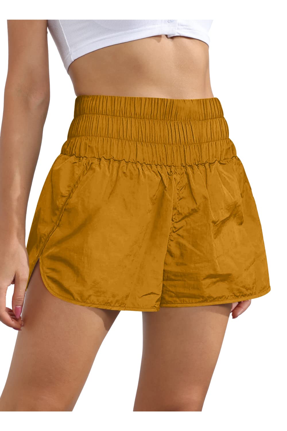 BOOSOULY Women's Quick-Dry Running Shorts Loose Fit Side Splits Workout Sport Layer Active Shorts Yellow S