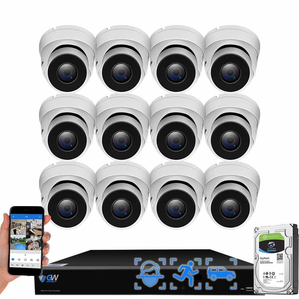 GW Security 16 Channel PoE 12MP NVR UltraHD 4K Smart AI Security Camera System with 12 x 8MP IP Microphone Dome Camera, 100ft Night Vision, Face/Human/Vehicle Detection Waterproof Surveillance Camera