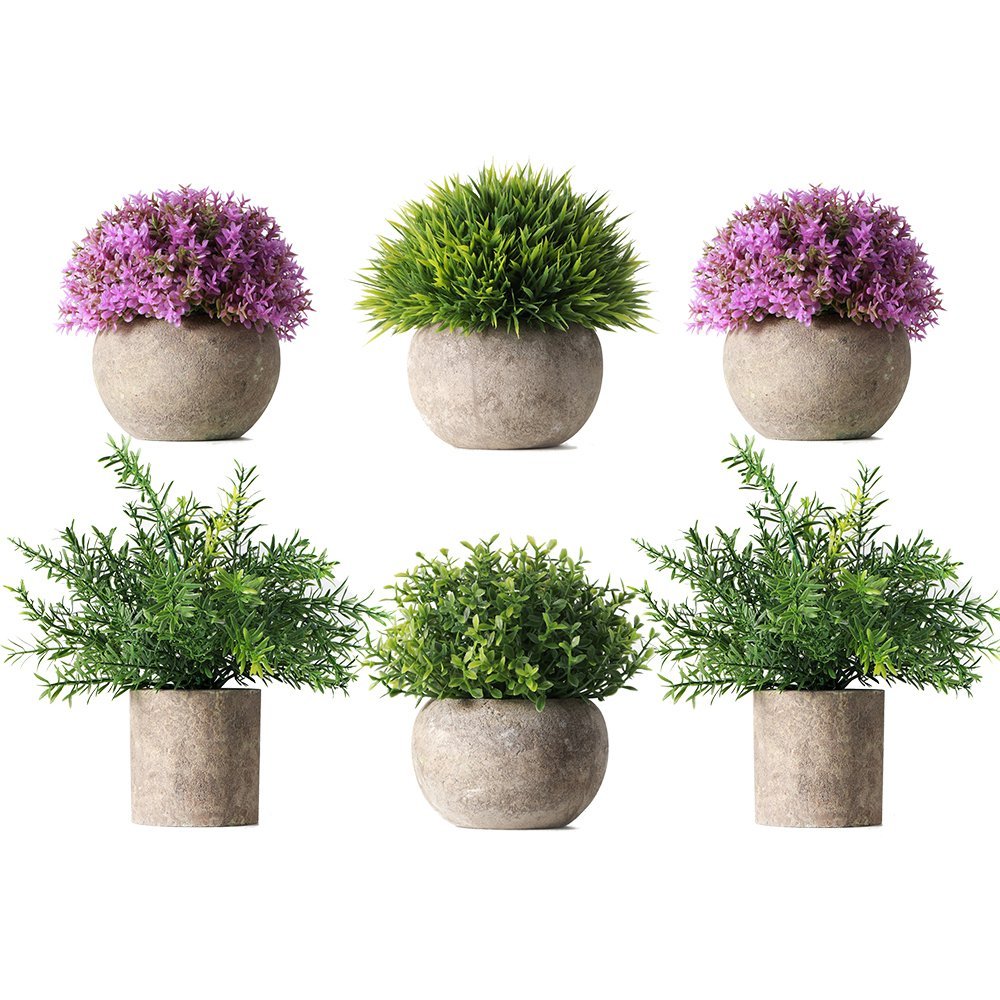 HC STAR Potted Artificial Pant Fake Green Grass with Pot Decorative Lifelike Set of 6 (High-Foot, Green-4 & Purple-2)
