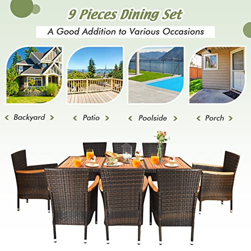 GLACER 9 Pieces Outdoor Patio Dining Set, 75" Large Acacia Wood Wicker Dining Table & Stackable Cushioned Chair Set, Rattan Dining Furniture Set for Backyard, Garden, Poolside, Patio Dining Set for 8