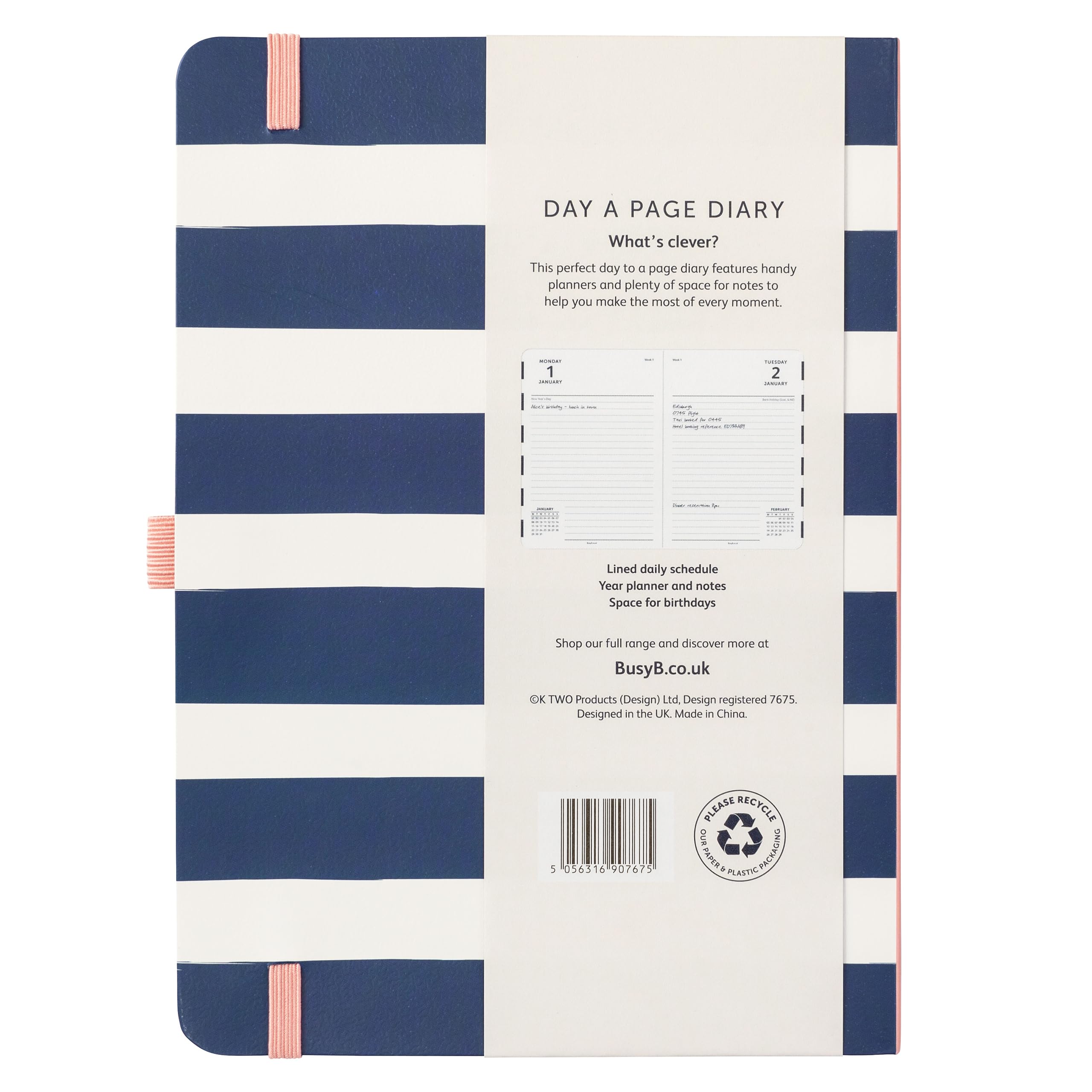 Busy B Day A Page Diary January to December 2024 - A5 Navy Stripe - Daily Planner with Lined Pages, Notes and Year Planner