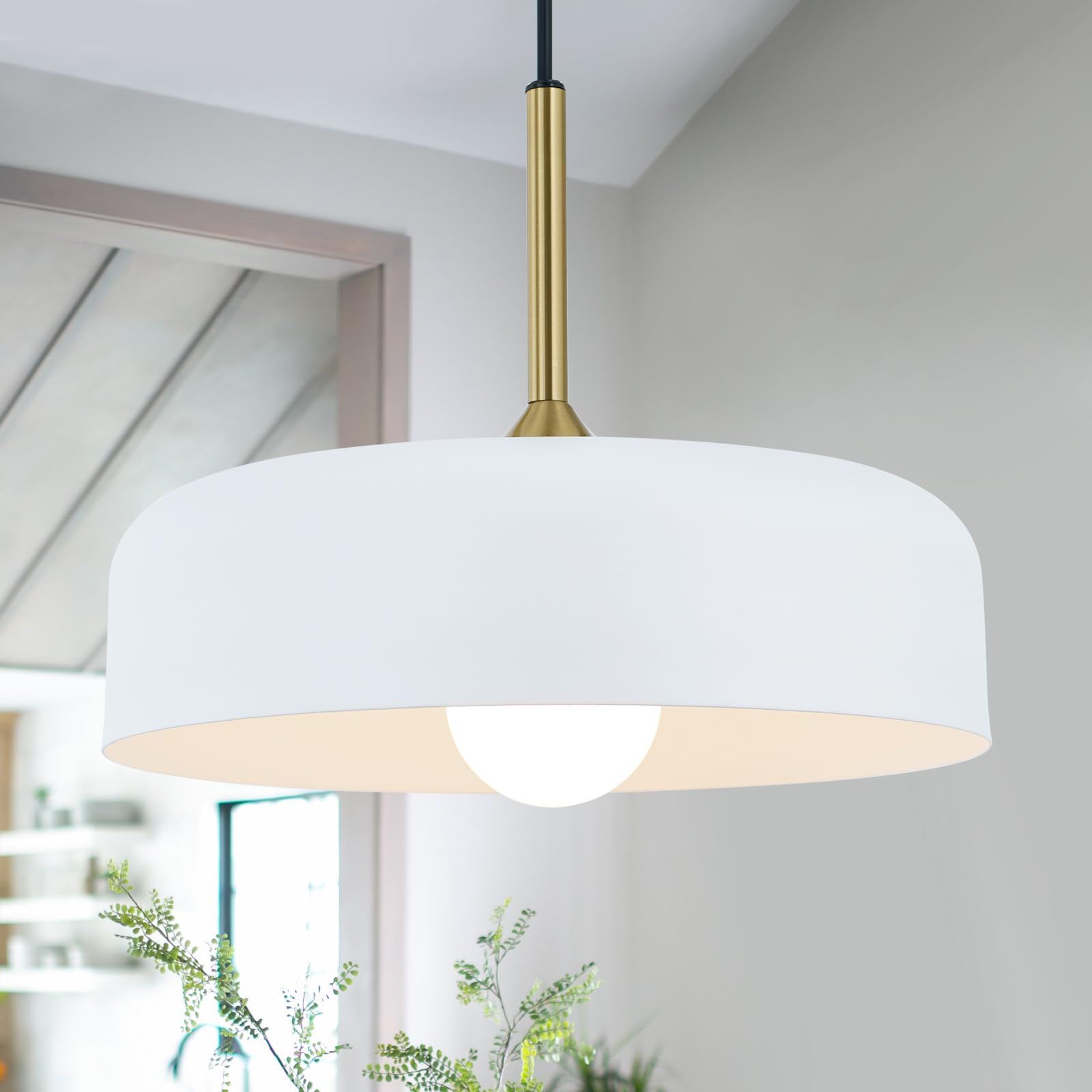 BISAMIYA 1-Light Modern Pendant Lights, Brass Accent Hanging Light Fixture with 12.6" Matte White Metal Shade, Adjustable Height, for Kitchen Island, Dining Room, Hotel, Coffee Shop