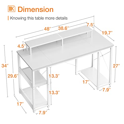 ODK 48 inch Computer Desk with Monitor Shelf and Storage Shelves, Gaming Desk, Study Table with CPU Stand & Reversible Shelves, White