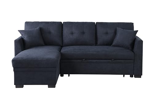 FANYE L-Shaped Reversible Pull Out Sleep Sofabed, Modern Velvet Upholstered Tufted Sleeper Sectional Sofa with Storage Chaise, USB Charging Ports, Side Pockets and 2 Pillows for Living Room