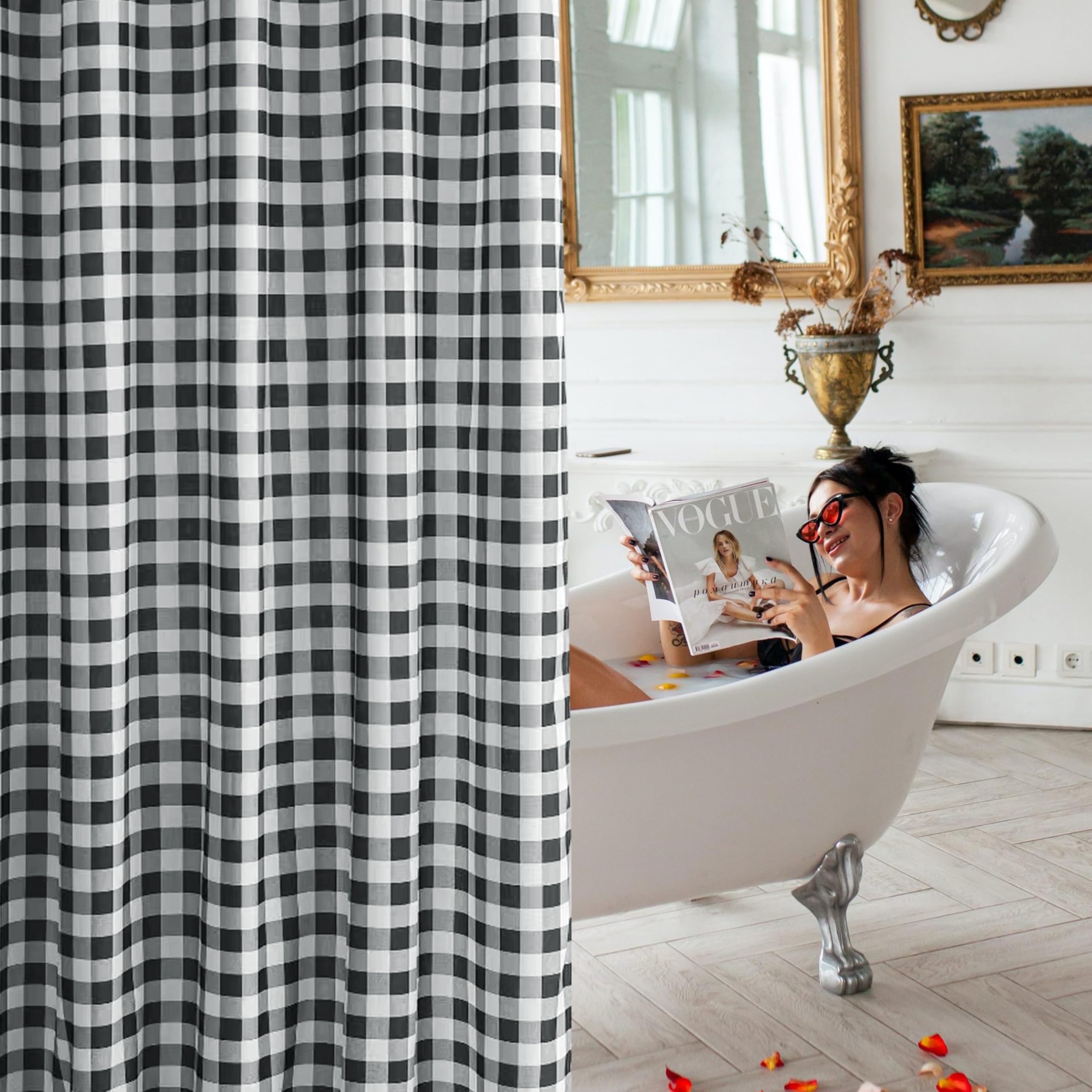 Biscaynebay Textured Fabric Shower Curtains 72" X 72", Black & White Printed Checkered Linen Modern Hotel Luxury Quality Cloth Bathroom Curtains Machine Washable