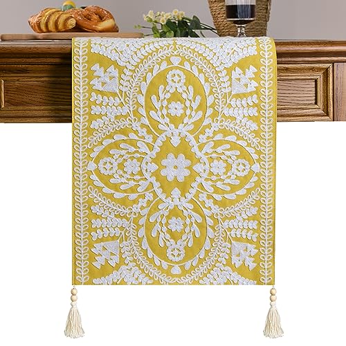 KEVA Boho Table Runner 72inches Long with Hand-Made Wooden Beads Tassel, Rustic Vintage Embroidered Table Runners 13x72 Inch for Dining Table Decorations, Yellow Table Runner for Summer décor