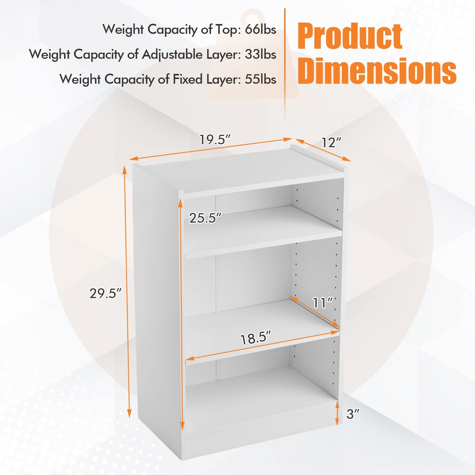 Byroce 3-Tier Bookshelf, Small Bookcase with 18 Positions Adjustable Shelves, 29.5β Modern Display Shelves, 3 Cube Storage Organizer for Home, Office & School (2, White)