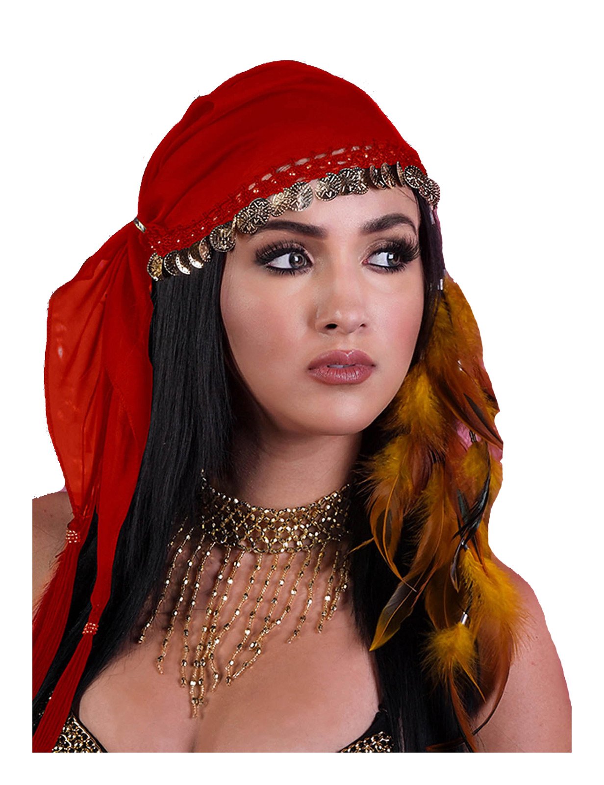 Gypsy Head Scarf With Coins (Red/Gold)