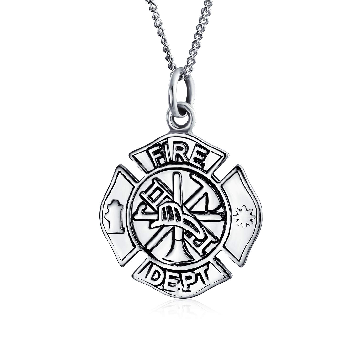 Bling Jewelry Personalized Firefighter Fire Dept Shield Medallion Cross Round Pendant Or Sterling Silver Necklace Custom Engraved