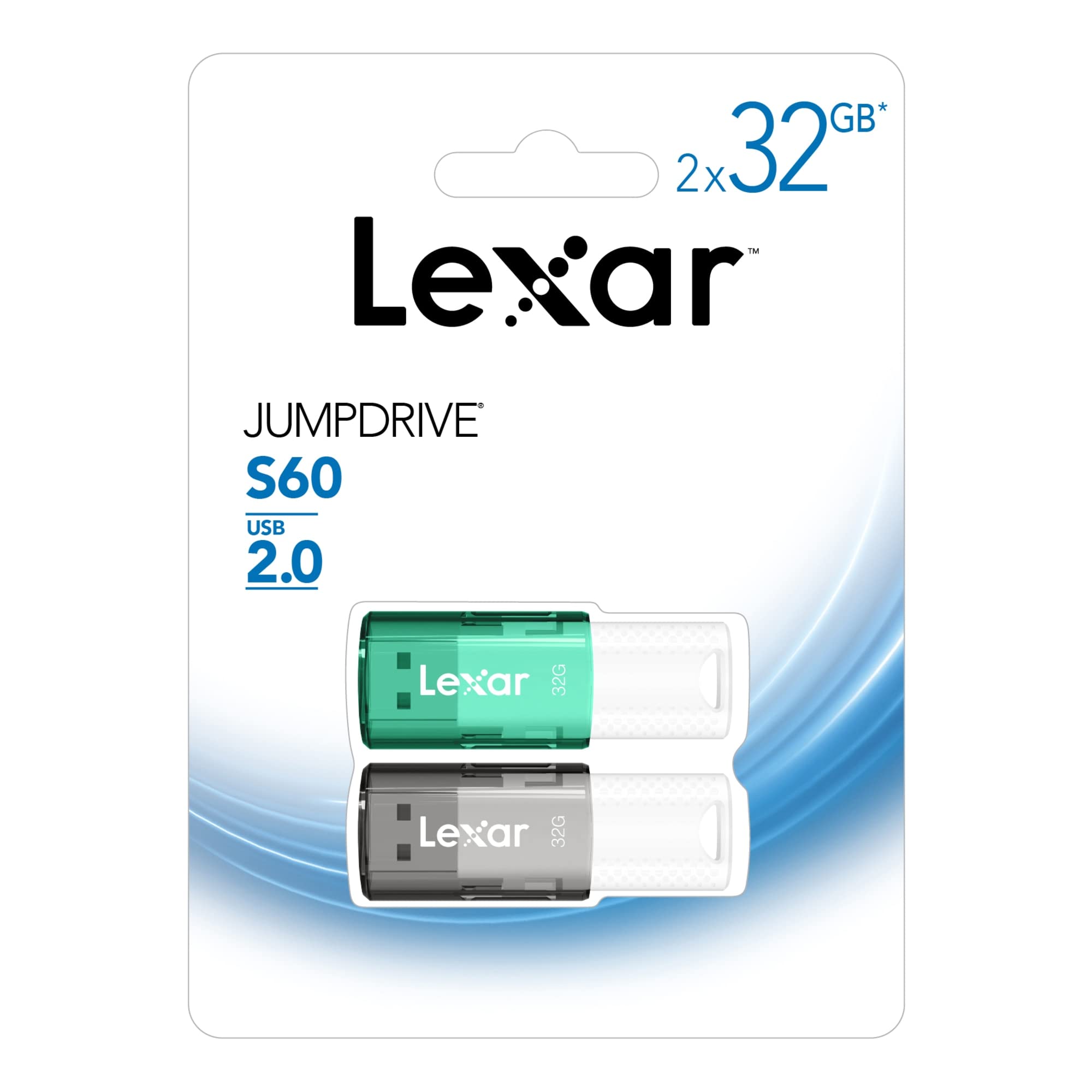 Lexar® JumpDrive® S60 USB 2.0 Flash Drives, 32GB, Black/Teal, Pack Of 2 Flash Drives, LJDS60-32GB2NNU