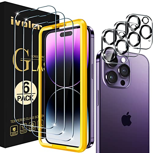 ivoler Screen Protector [3+3 Pack] for iPhone 14 Pro 6.1 inch [3 Pack] with [3 Pack] Camera Lens Protector, Double Shatterproof Tempered Glass [Easy Installation Frame] [9H Hardness] [99.99% HD Clear]