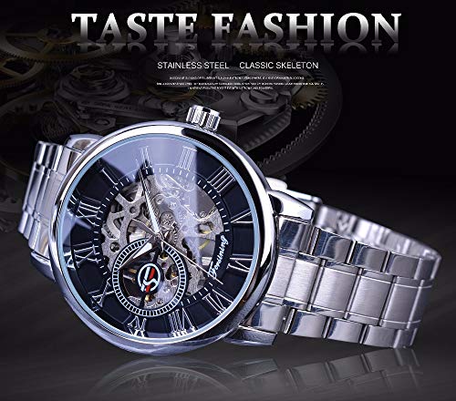 FORSINING Golden Transparent Case Stainless Steel Mens Watches Luxury Skeleton Mechanical Hand Wind Watch