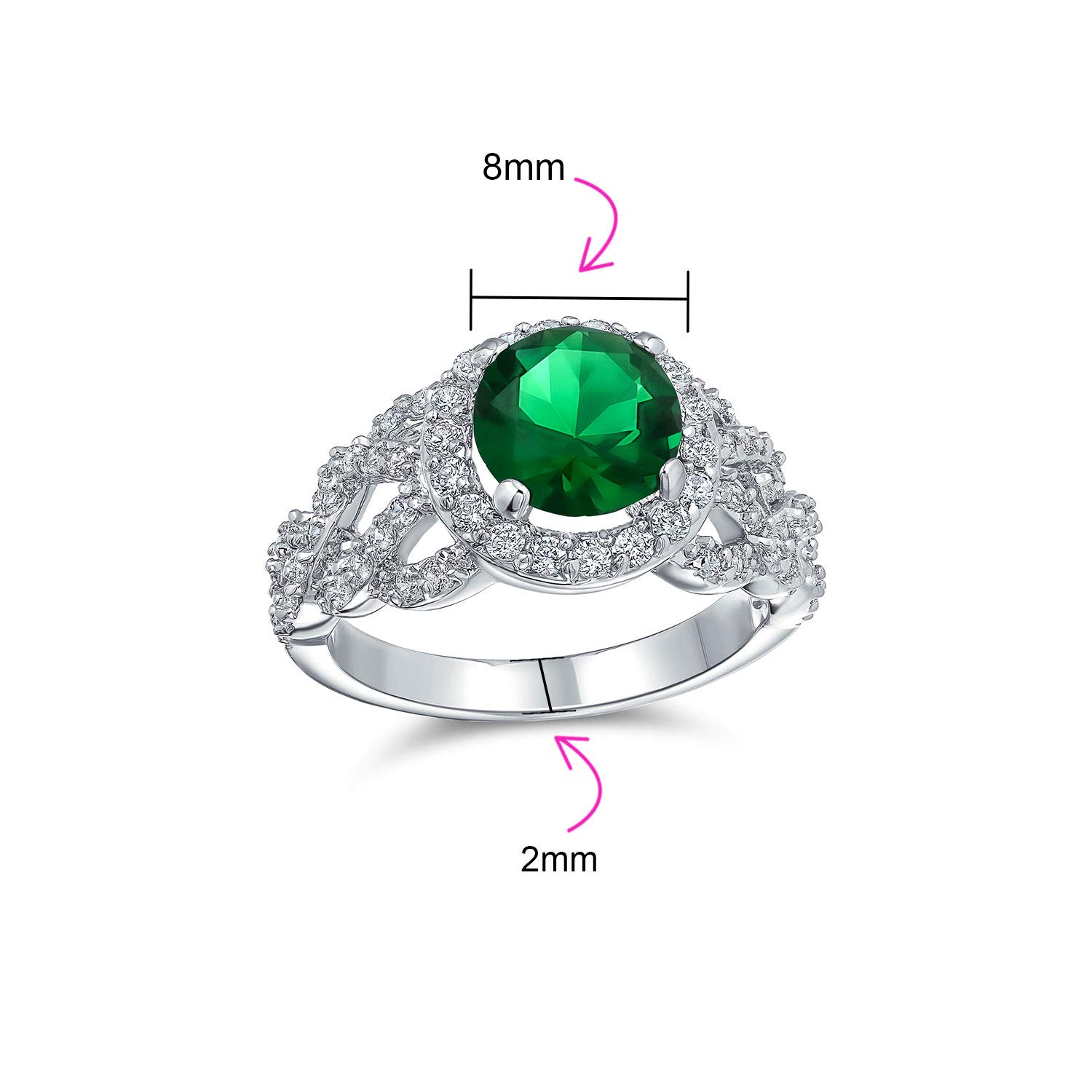 Bling Jewelry Personalize Fashion Round Solitaire Cubic Zirconia CZ Pave Simulated Emerald Green Art Deco Style 3CT Cocktail Statement Ring For Women Silver Plated Engrave it