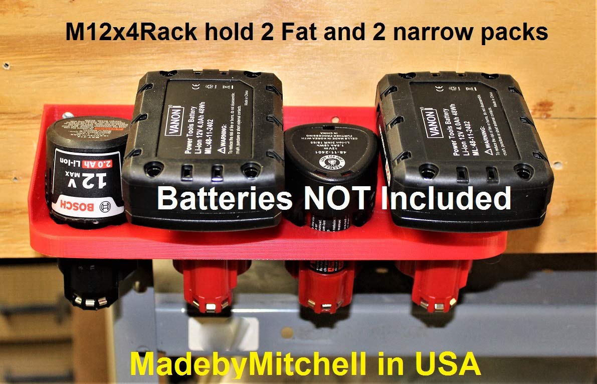Milwaukee Makita Bosch 12V Battery Holder Mount Wall Rack 4 slot M12 BAT414 BL1014 USA PN M12x4Rack
